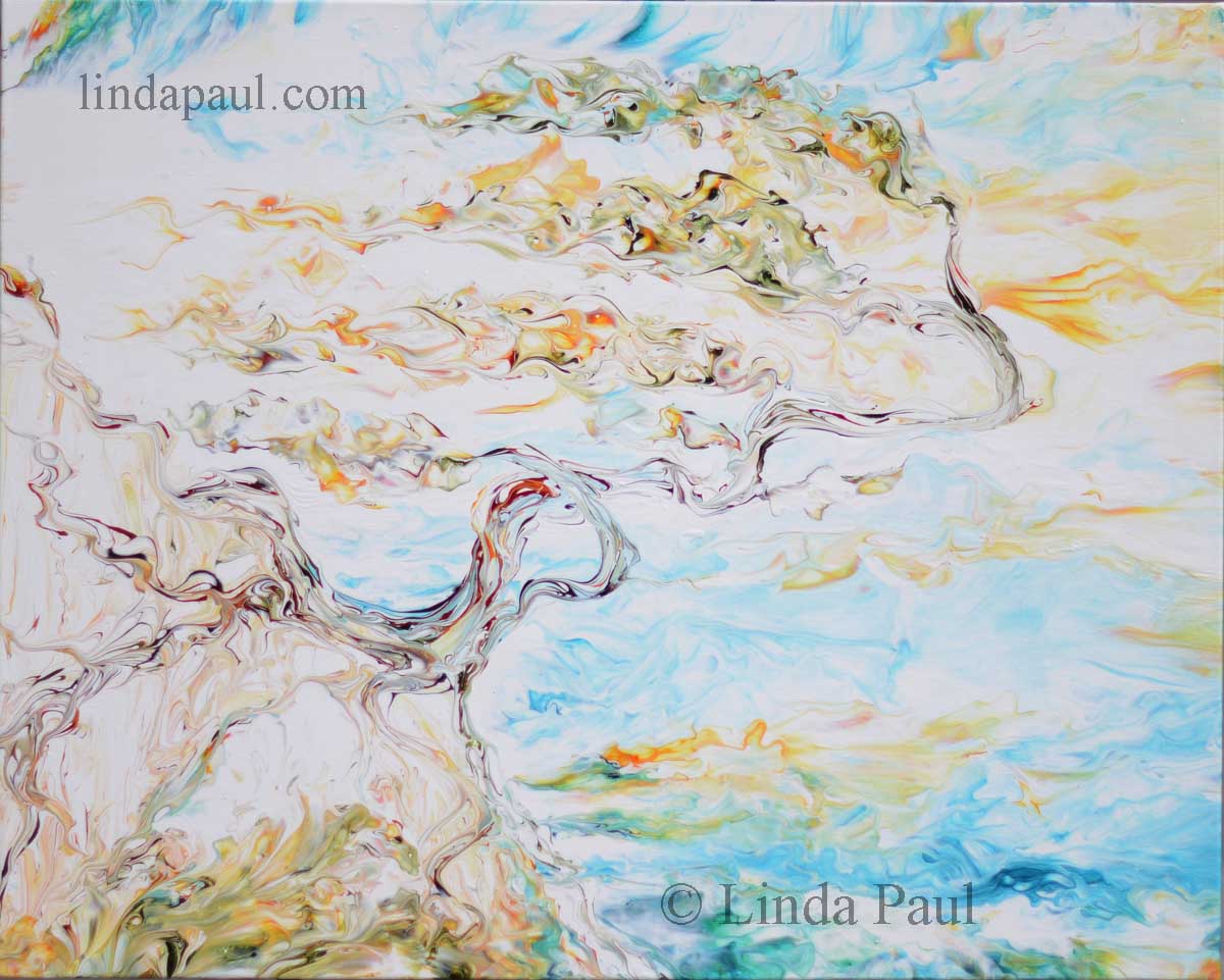 Abstract landscape painting of Windswept Tree clinging to cliff