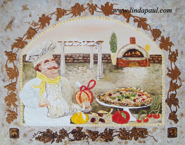 Italian Paintings of Italian Pizza Kitchen with Chef