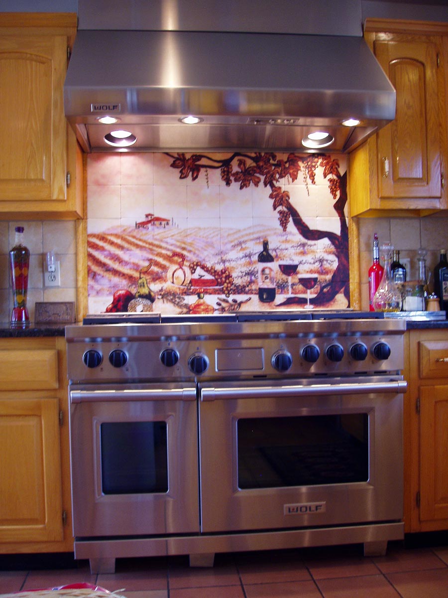 vineyard backsplash with Wolf range